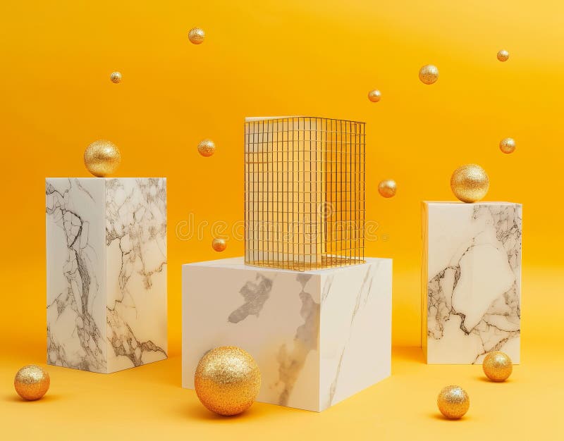 Yellow Backdrop with Marble Cubes and Golden Spheres for Modern Art ...