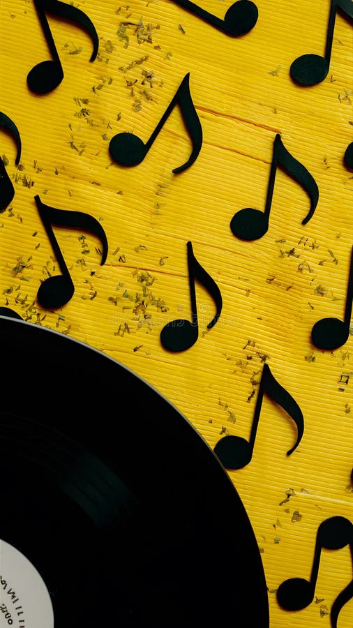 Yellow Backdrop with Musical Notes, Vinyl Record Hints at Musical ...