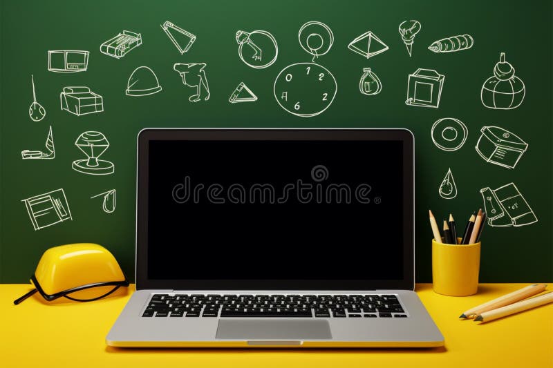 Yellow Backdrop Symbolizes E Learning with a Laptop As a Textbook Stock ...