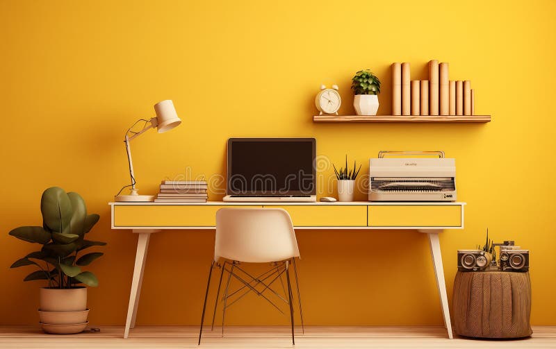 Yellow Background Setting for Wall-Mounted Computer Table -Generative ...