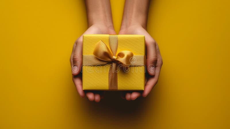 A Yellow Background Showcasing a Gift Box Held by Human Hands in Close ...