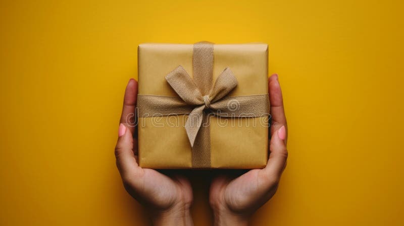 A Yellow Background Showcasing a Gift Box Held by Human Hands in Close ...