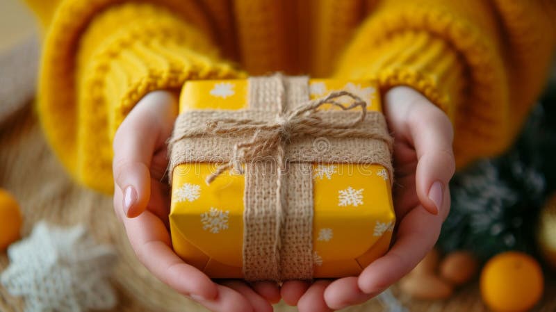 A Yellow Background Showcasing a Gift Box Held by Human Hands in Close ...