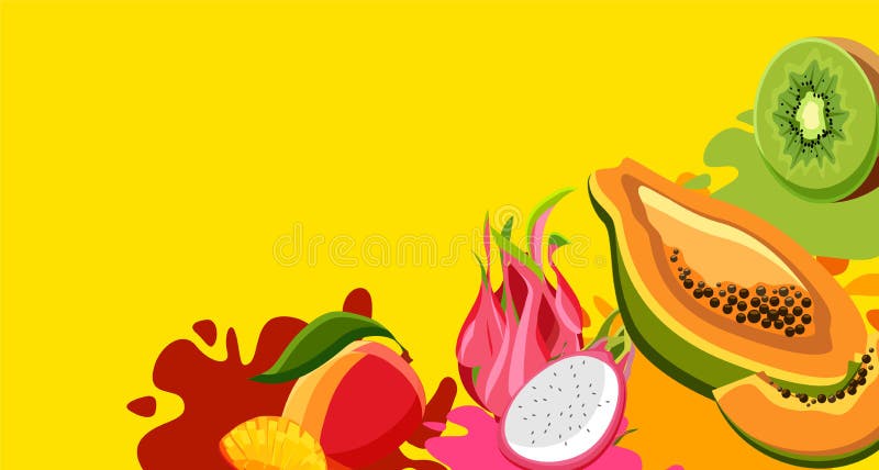 Yellow Background with Tropical Fruits. Stock Vector - Illustration of ...