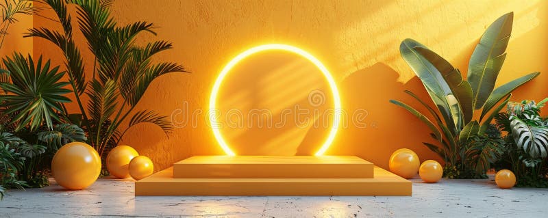 Yellow Background with Two Square Podiums and Tropical Plants Stock ...