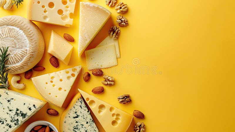A Yellow Background with a Variety of Cheeses and Nuts Stock Image ...