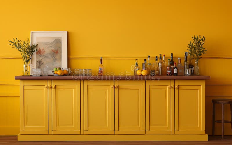 Yellow Background Wall-Mounted Bar Cabinet -Generative Ai Stock ...