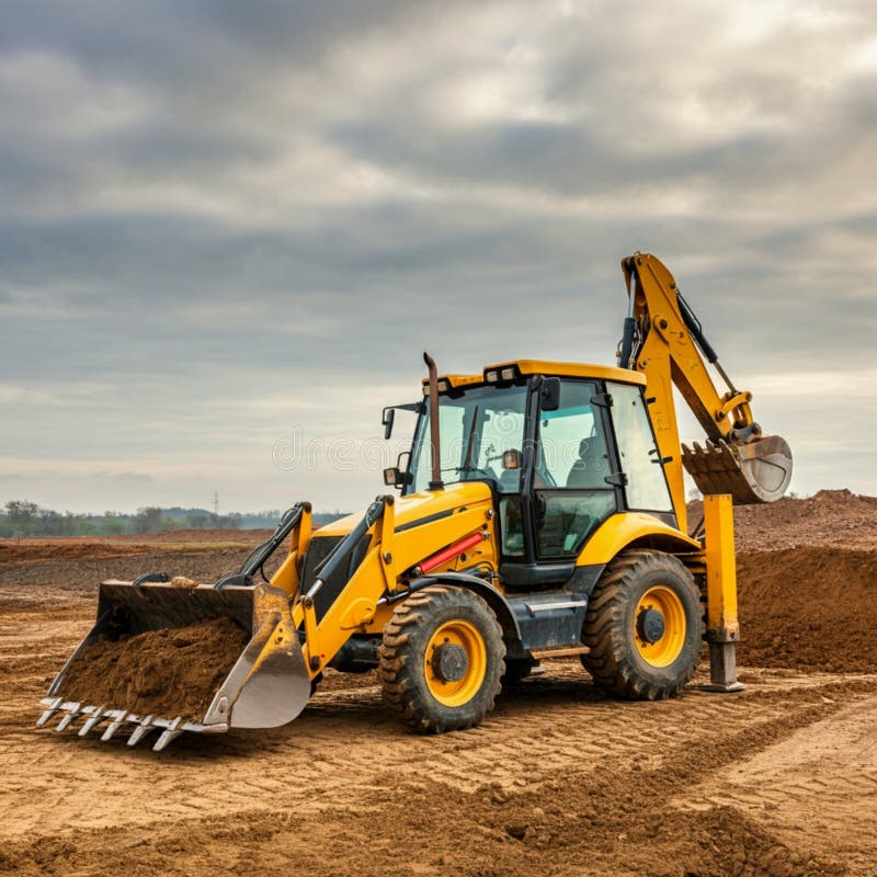 Yellow Backhoe Loader at a Construction Site Under a Cloudy Sky Stock ...