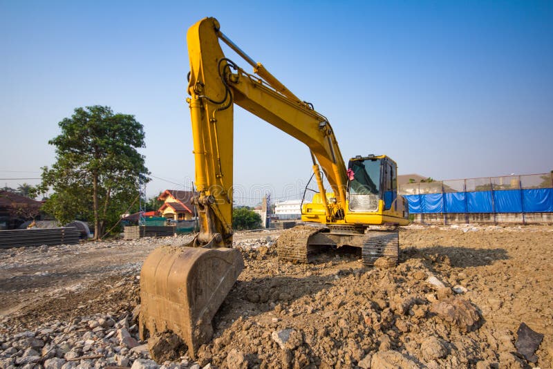 Yellow Backhoe Loader on Construction Site and Work Stock Image - Image ...