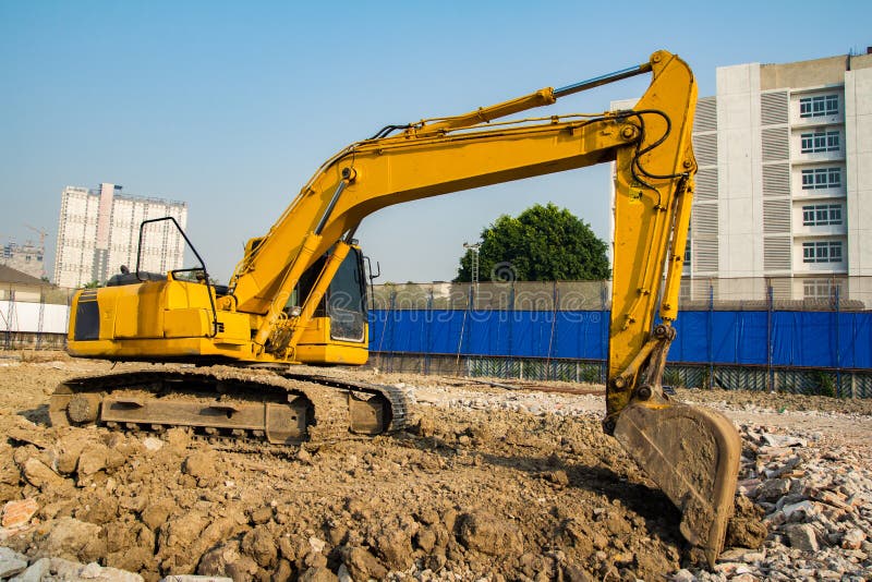 Yellow Backhoe Loader on Construction Site and Work Stock Image - Image ...