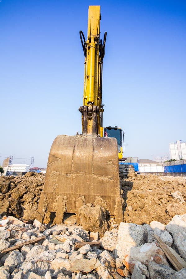 Yellow Backhoe Loader on Construction Site and Work Stock Image - Image ...