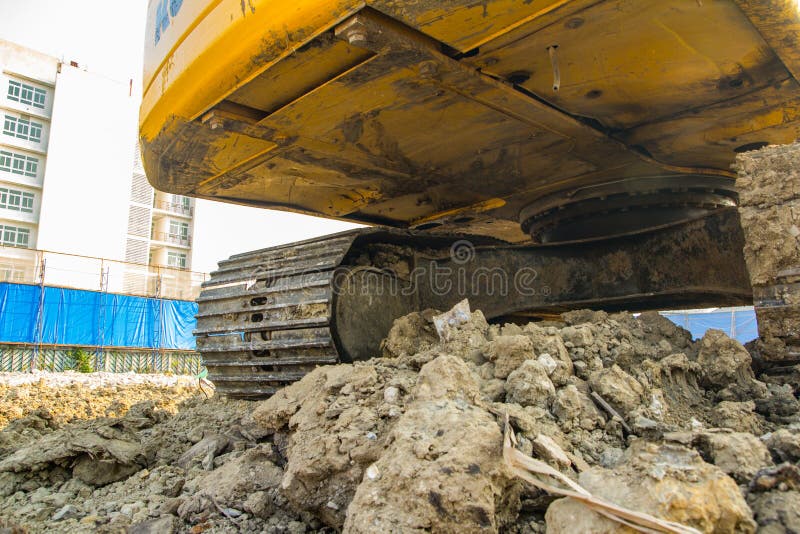 Yellow Backhoe Loader on Construction Site and Work Stock Photo - Image ...