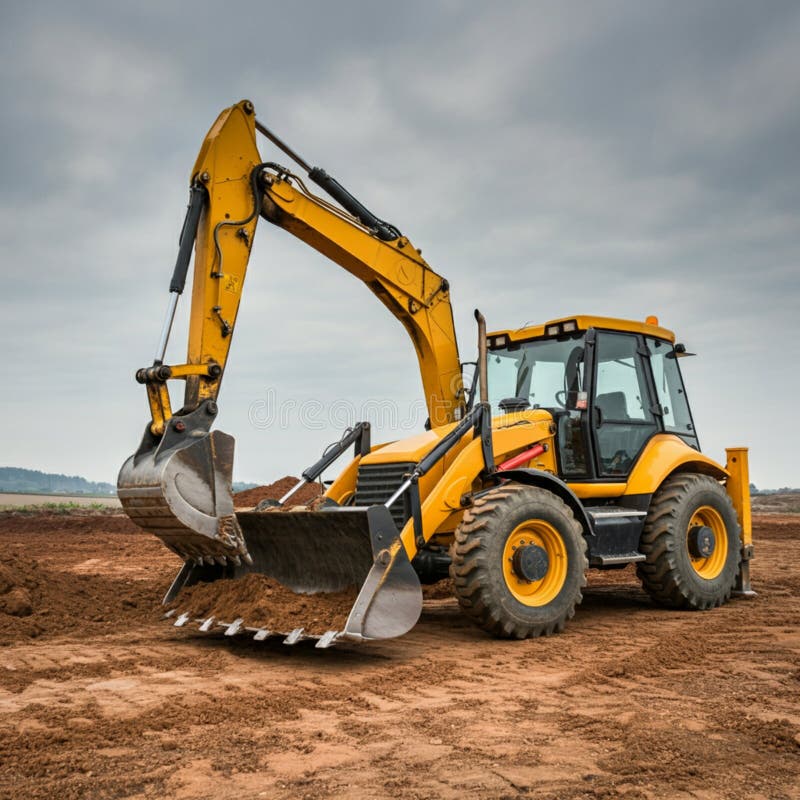 Yellow Backhoe Loader with a Front Bucket and Rear Excavator Arm ...