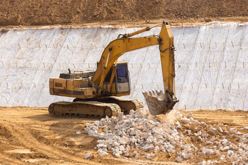 Yellow Backhoe Loader in Road Construction Stock Image - Image of ...