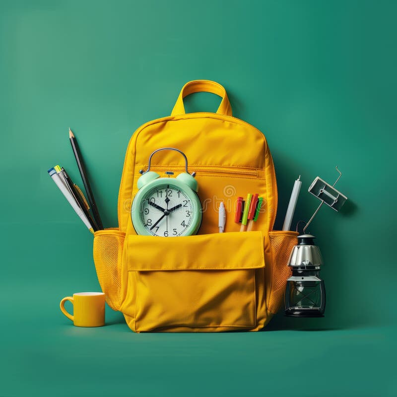 Yellow Backpack with Alarm Clock and School Stock Image - Image of ...