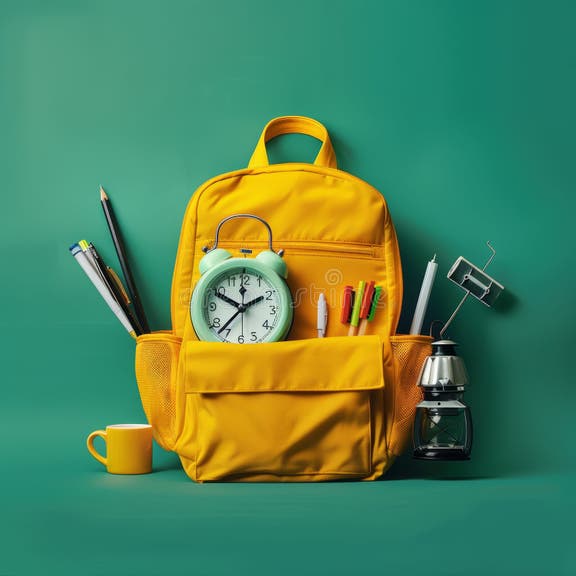 Yellow Backpack with Alarm Clock and School Stock Image - Image of ...
