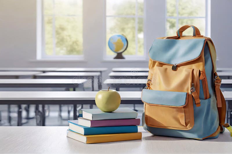 Yellow Backpack, Apple and Books on the Table in a Modern School ...