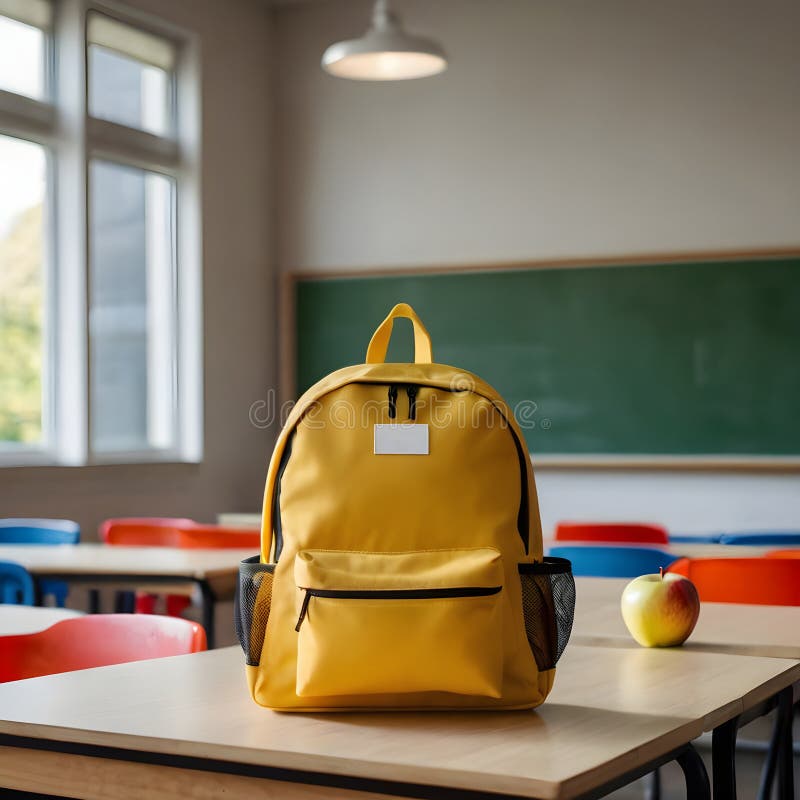 Yellow Backpack with Apple and Copybooks on Desk in Classroom Stock ...