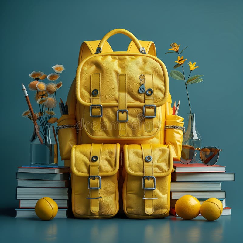 Yellow Backpack with Books and Flowers on Teal Background Stock Photo ...