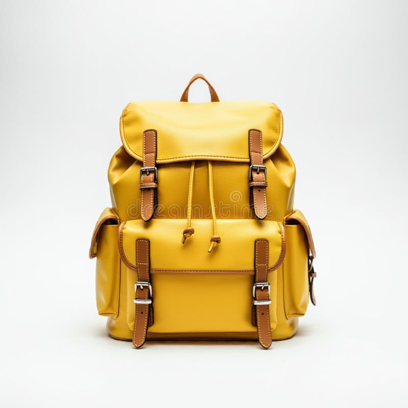 Yellow Backpack with Brown Leather Accents and Silver Buckles. Features ...