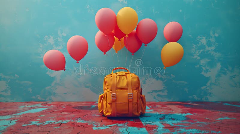 Yellow Backpack Lifted by Balloons in Front of Blue Wall Stock Image ...