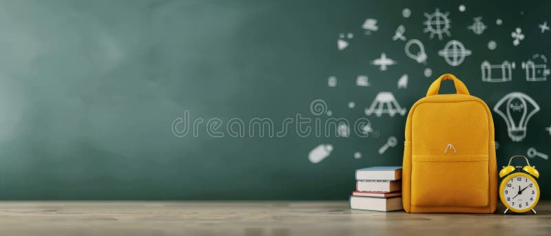 Yellow Backpack and Clock on Desk with Chalkboard in Classroom Setting ...