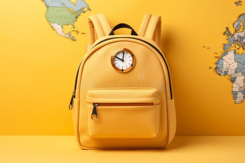 Yellow Backpack with a Clock in Front of a World Map Stock Image ...