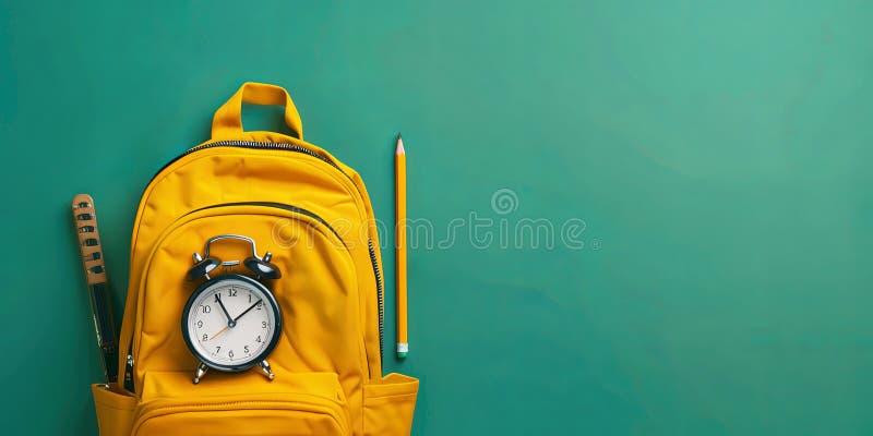 Yellow Backpack, Clock and Pencil on a Green Background - Back To ...