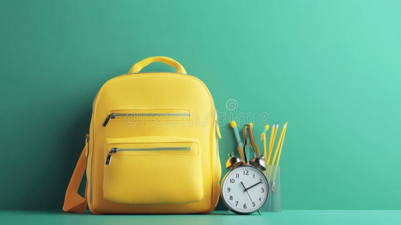 A Yellow Backpack and a Clock on a Table Stock Illustration ...