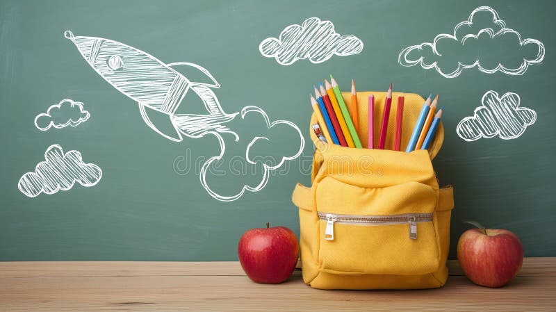 Yellow Backpack with Colored Pencils and Apples in Front of Green ...