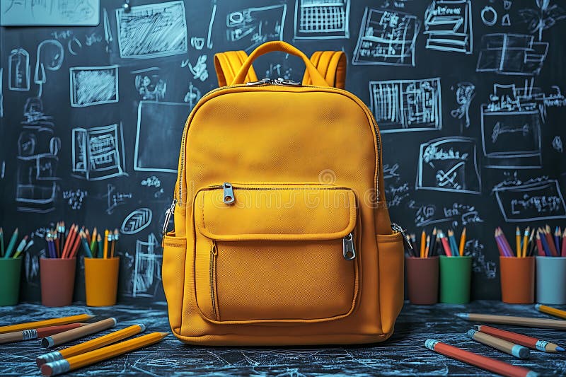 Yellow Backpack, Drawing Covered Board, Pencils in Cups, Education ...