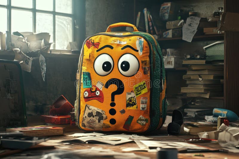 A Yellow Backpack with a Face on it and a Question Mark Stock ...