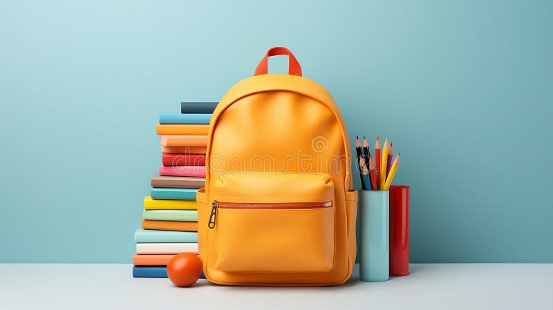 Yellow Backpack, School Supplies, Stack of Books and Notebooks and ...