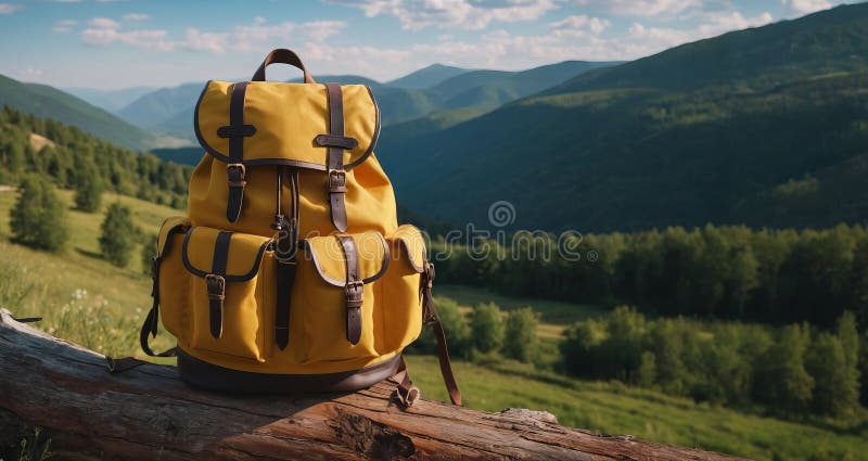 Yellow Backpack on a Log with a Stunning Mountain View in the ...