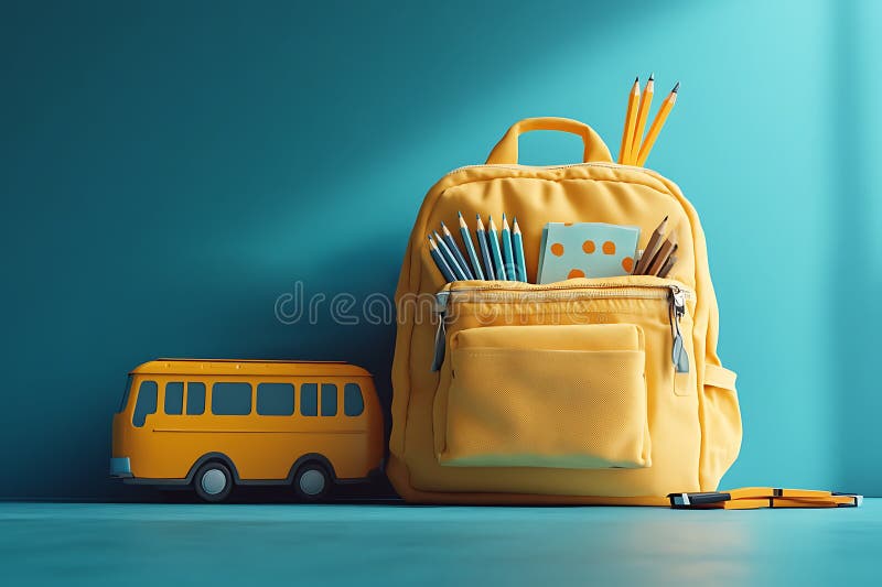 Yellow Backpack with Pencils and Notebooks Next To Yellow School Bus on ...