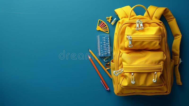 Yellow Backpack with School Supplies on Blue Background Stock Image ...