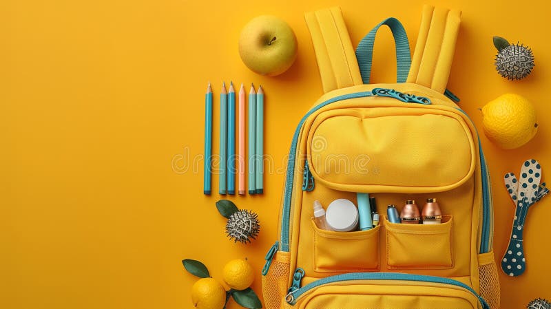 Yellow Backpack with School Supplies on Yellow Background Stock Image ...