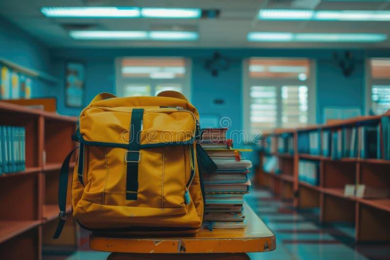 Yellow Backpack Sits Table Library Stock Photos - Free & Royalty-Free ...