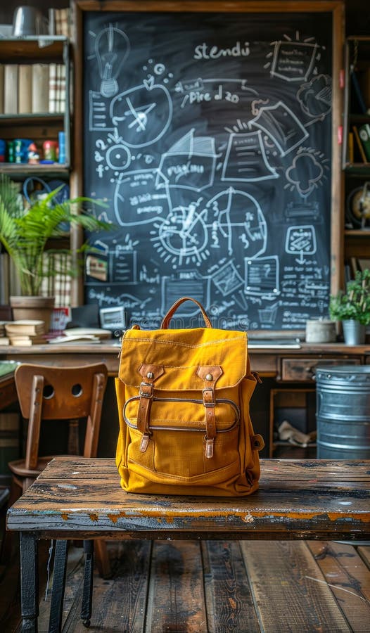 A Yellow Backpack Sits on a Wooden Desk in Front of a Chalkboard with a ...