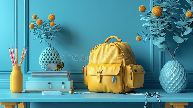 Yellow Backpack on a Teal Desk with Decorative Plants Stock Image ...
