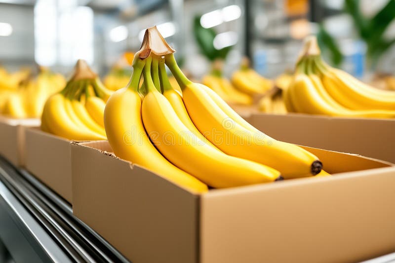 Yellow Bananas are Efficiently Packed into Cartons on an Assembly Line ...