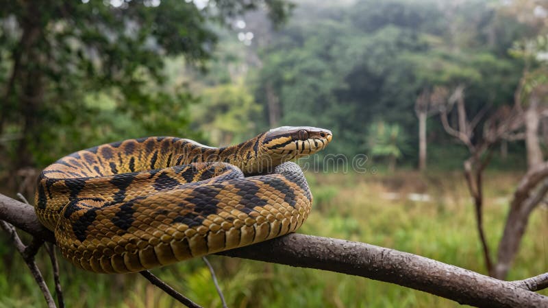 Yellow-banded Boa Constrictor Coiled on Branch in High Quality Image ...