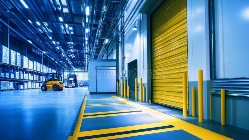 Yellow Barriers Line an Empty Warehouse Aisle Where a Pallet of Boxes ...