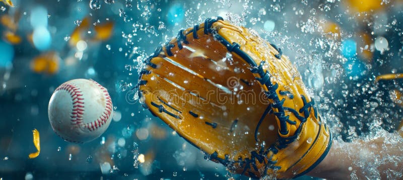 Yellow Baseball Glove Catching a Baseball, Splashing through Water ...