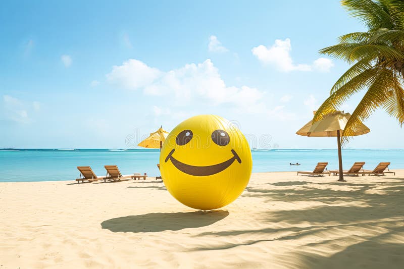 A Yellow Beach Ball with a Smiley Face on it is Sitting on the Sand ...
