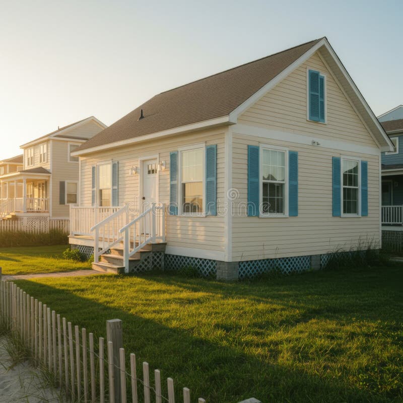 Yellow Beach Cottage with Blue Shutters at Sunset Stock Illustration ...