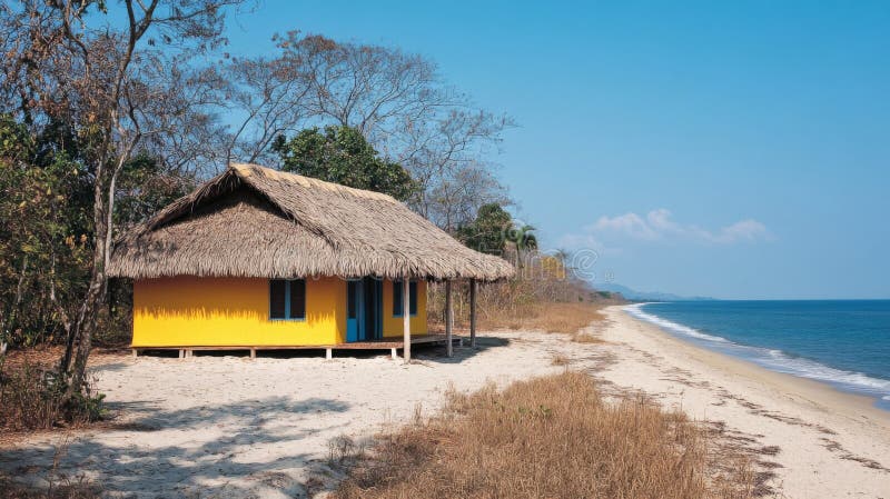 Yellow Beach House with Thatched Roof Under Blue Sky Stock Illustration ...