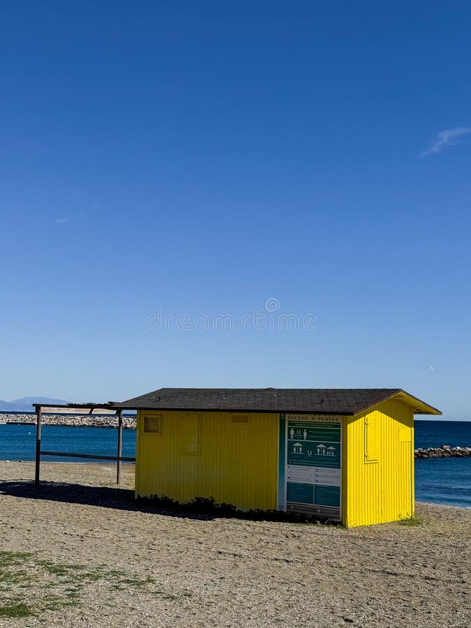 Yellow Beach Hut on Deserted Beach Stock Image - Image of spain, wooden ...