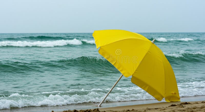 Yellow Beach Umbrella on Sandy Shore Stock Illustration - Illustration ...