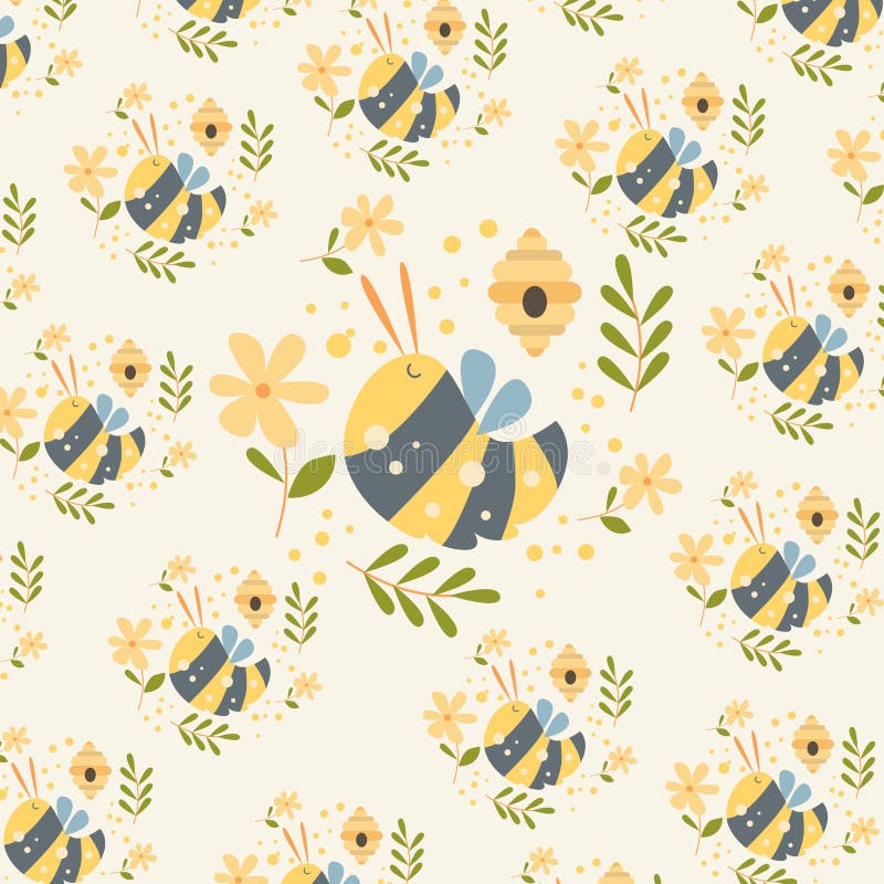 Yellow Bee Pattern with Leaf and Flower Motifs Stock Vector ...